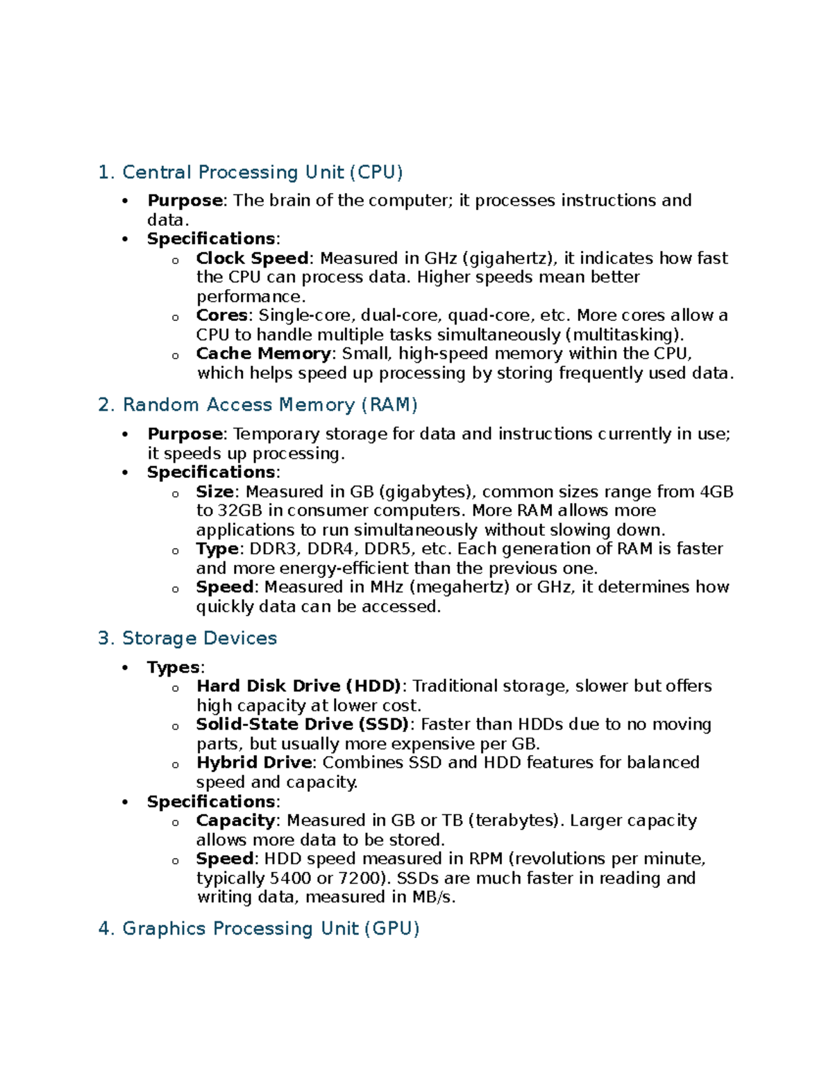 CAT Notes Theory Grade 11 - 1. Central Processing Unit (CPU) Purpose ...