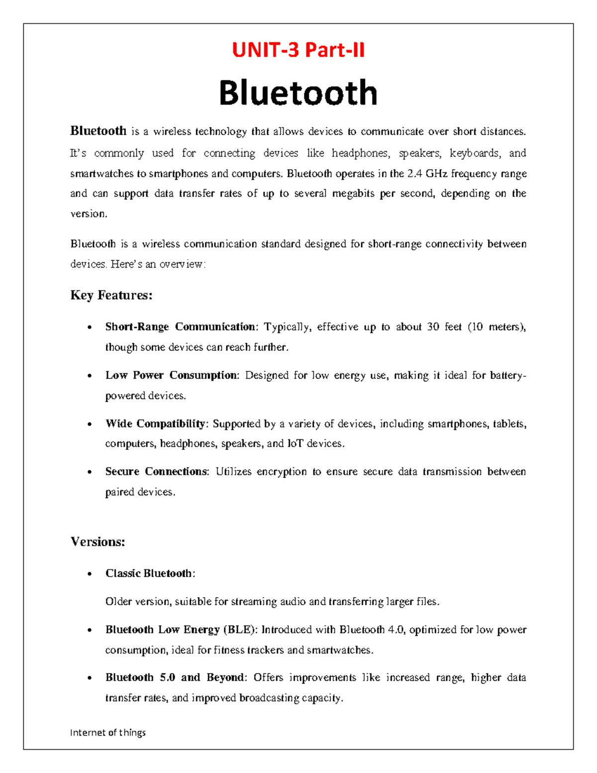 Io T Unit-3 Part-II Notes - UNIT- 3 Part-II Bluetooth Bluetooth is a ...