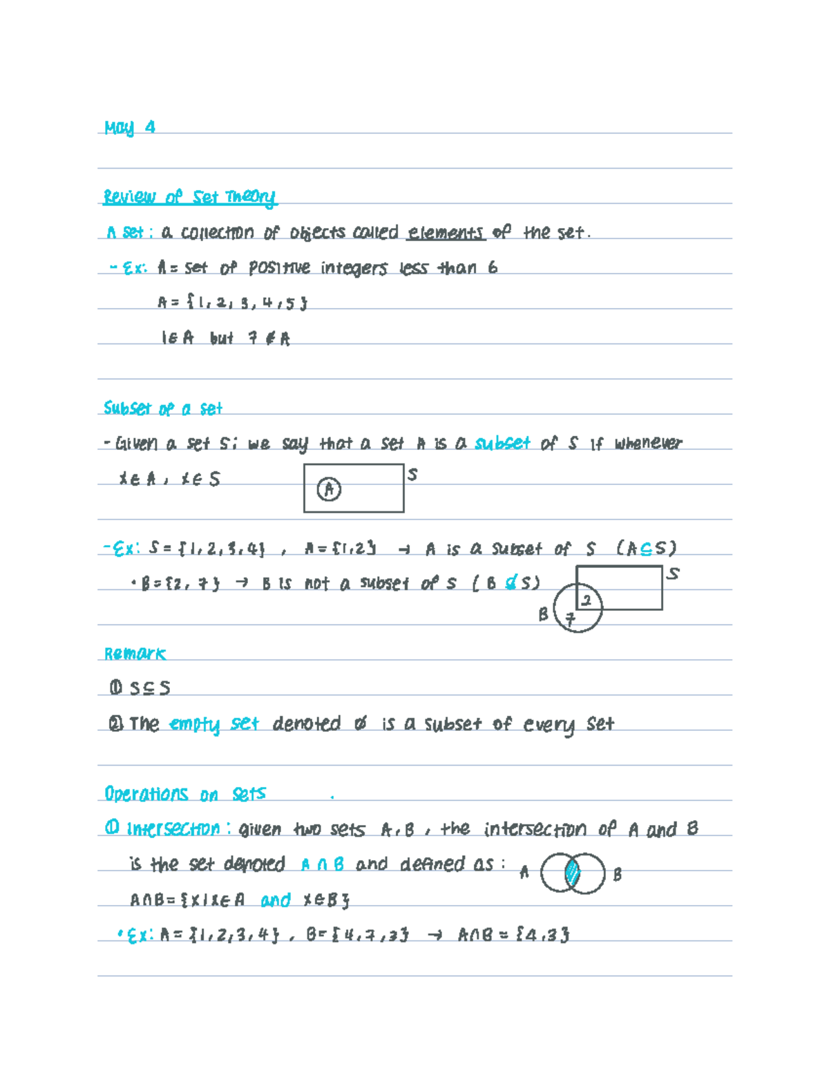 Note May 4, 2020 - Review of Set Theory - May 4 Review of set Theory A ...