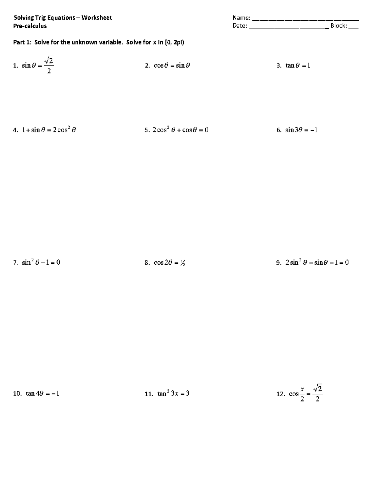 7.6 Solving Trig Equations Worksheet - Calculus BC - Solving Trig ...