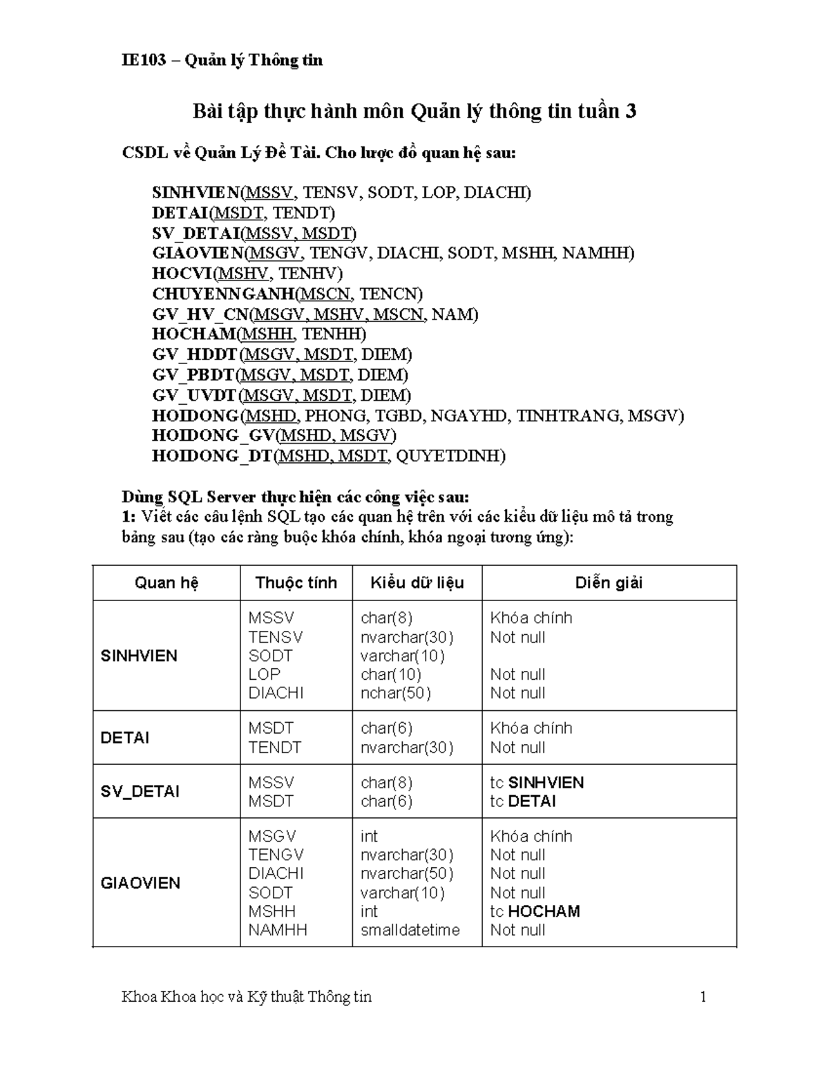 BTTH3 - Summary Quan Ly Du An - Bài tập thực hành môn Quản lý thông tin tuần 3 CSDL về Quản Lý ...