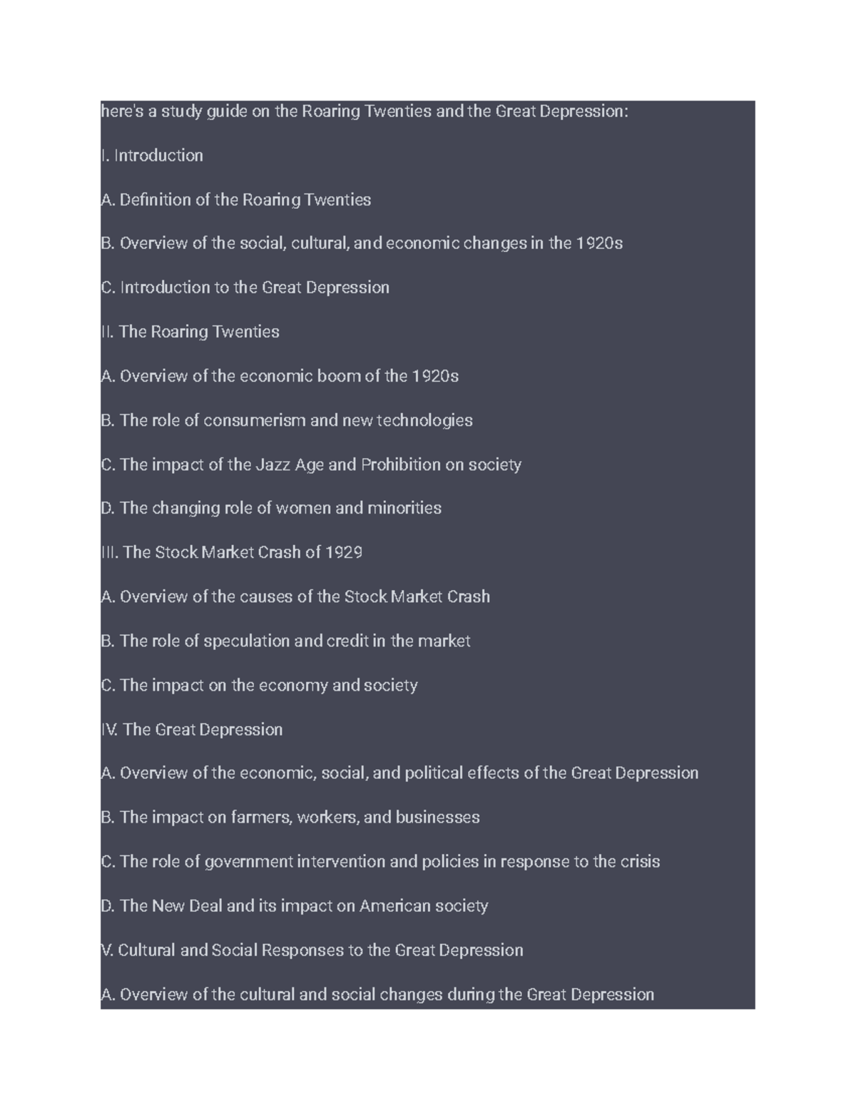 Here's a study guide on the Roaring Twenties and the Great Depression ...