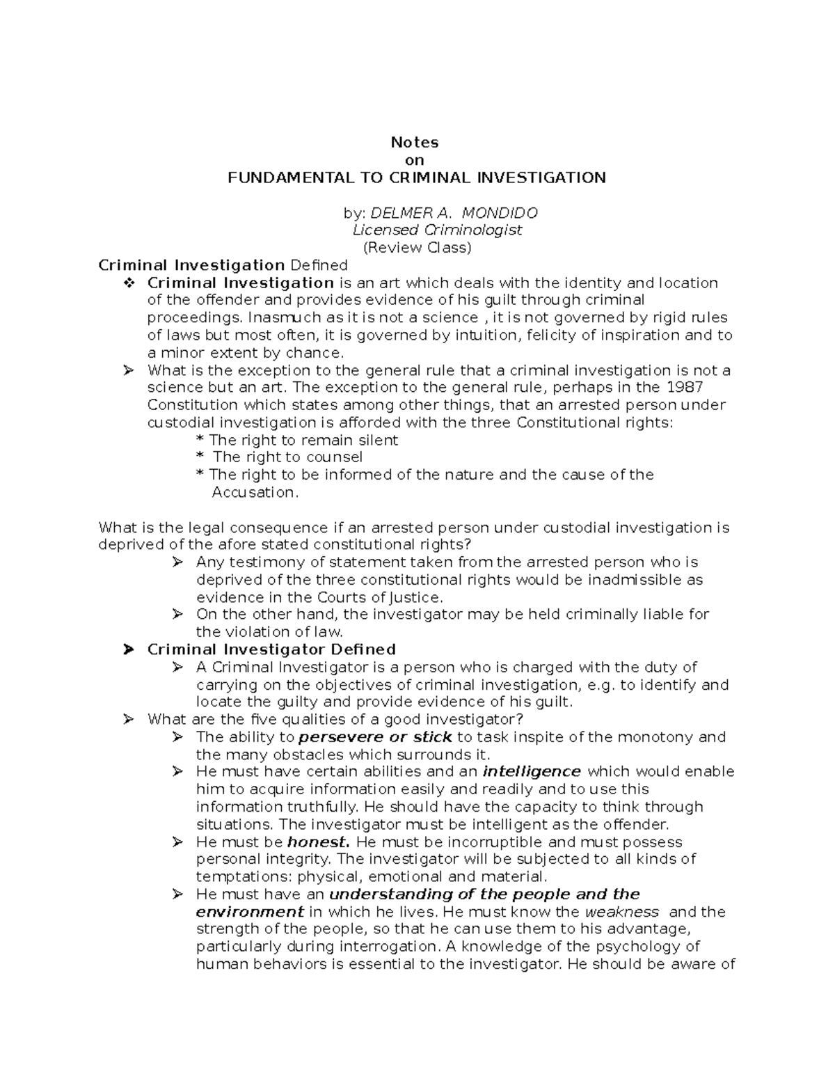 Notes on Fundamental TO Criminal Investi - Notes on FUNDAMENTAL TO ...