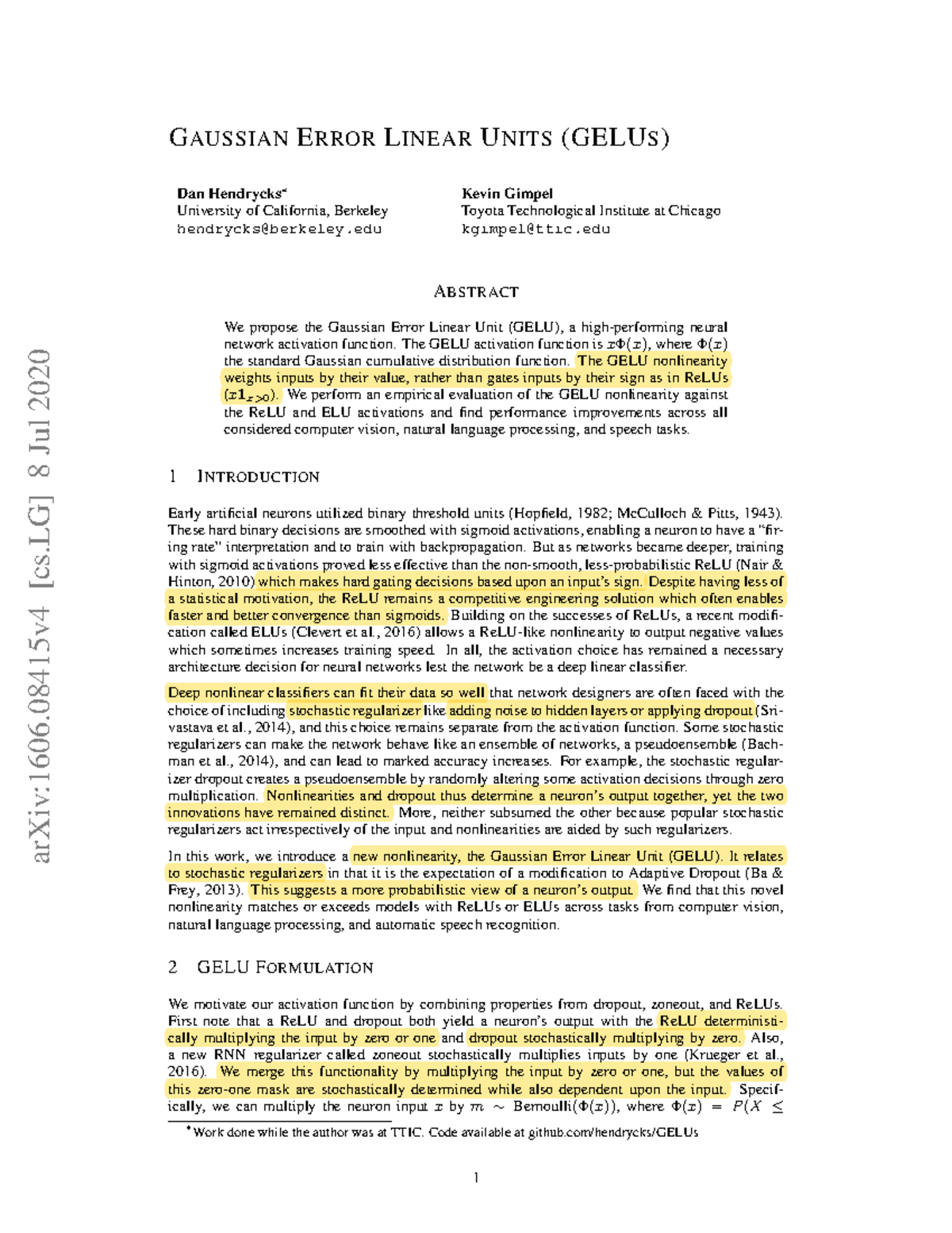 gelu에 의한 목적성을 가지는 논문입니다. - GAUSSIANERROR LINEAR UNITS (GELUS) Dan ...