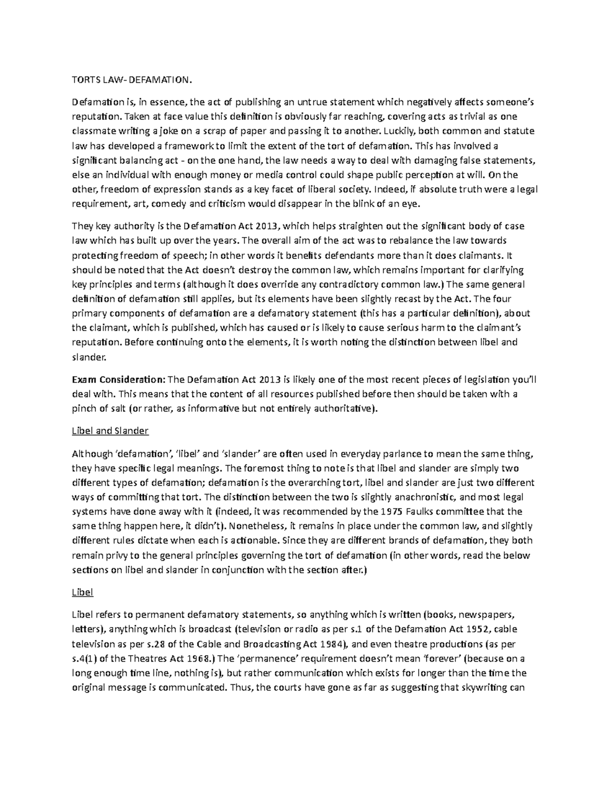 Torts LAW- Defamation - Grade: B+ - TORTS LAW- DEFAMATION. Defamation ...