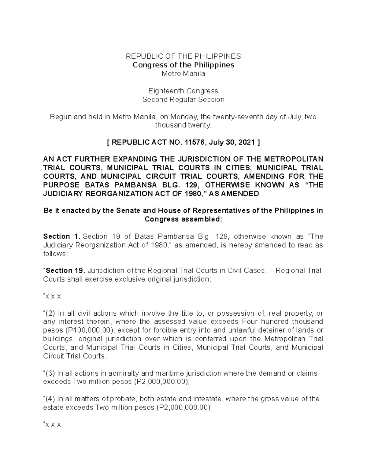 Republic Act 11576 Expanded jurisdiction of the Metropolitan Trial ...