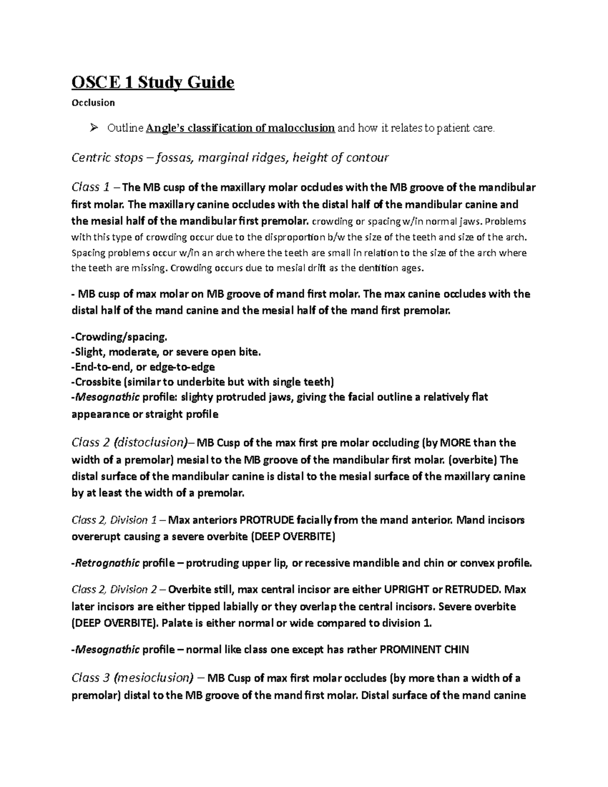 OSCE1 - OSCE 1 study guide - OSCE 1 Study Guide Occlusion Outline Angle ...