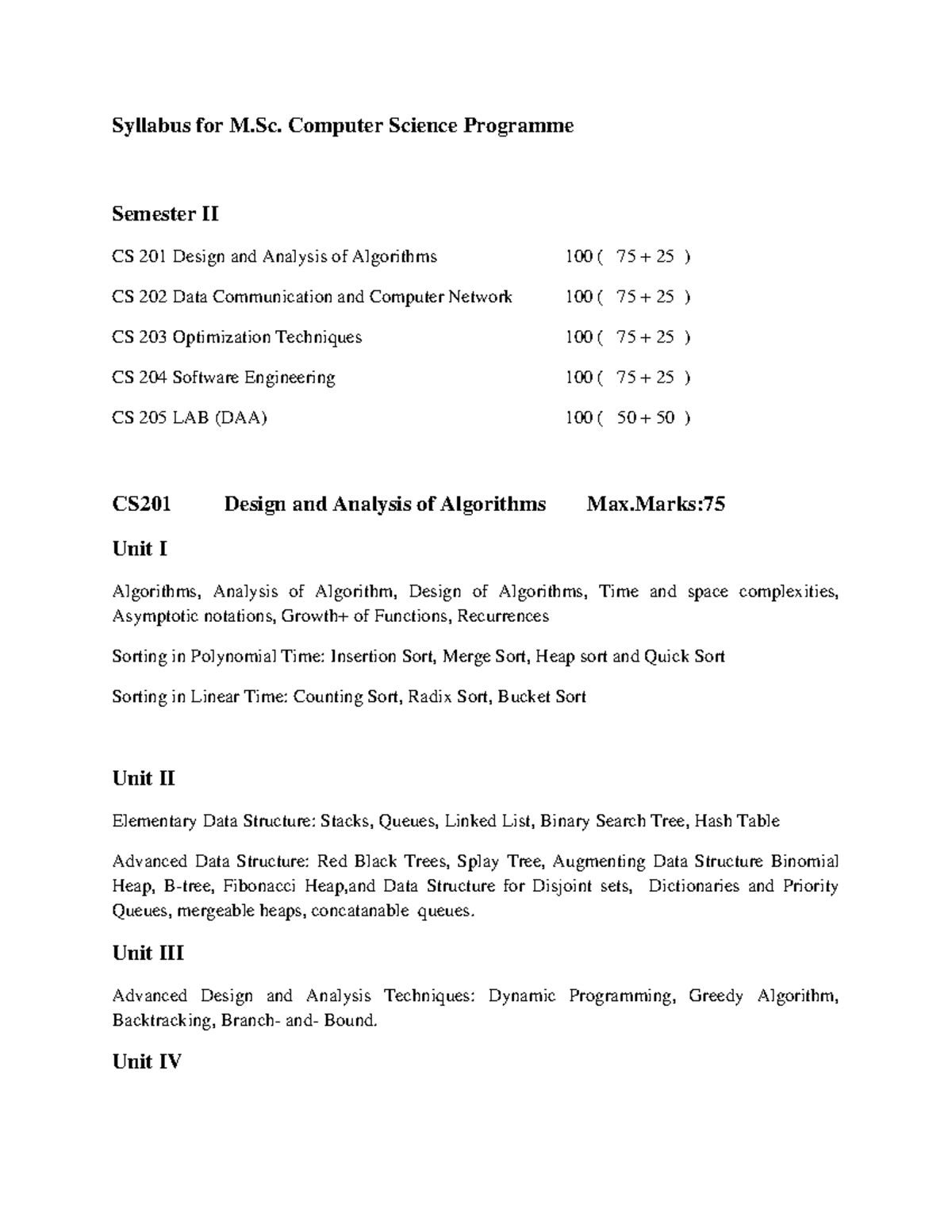 Msc softeare engineering - Syllabus for M. Computer Science Programme Semester II CS 201 Design ...