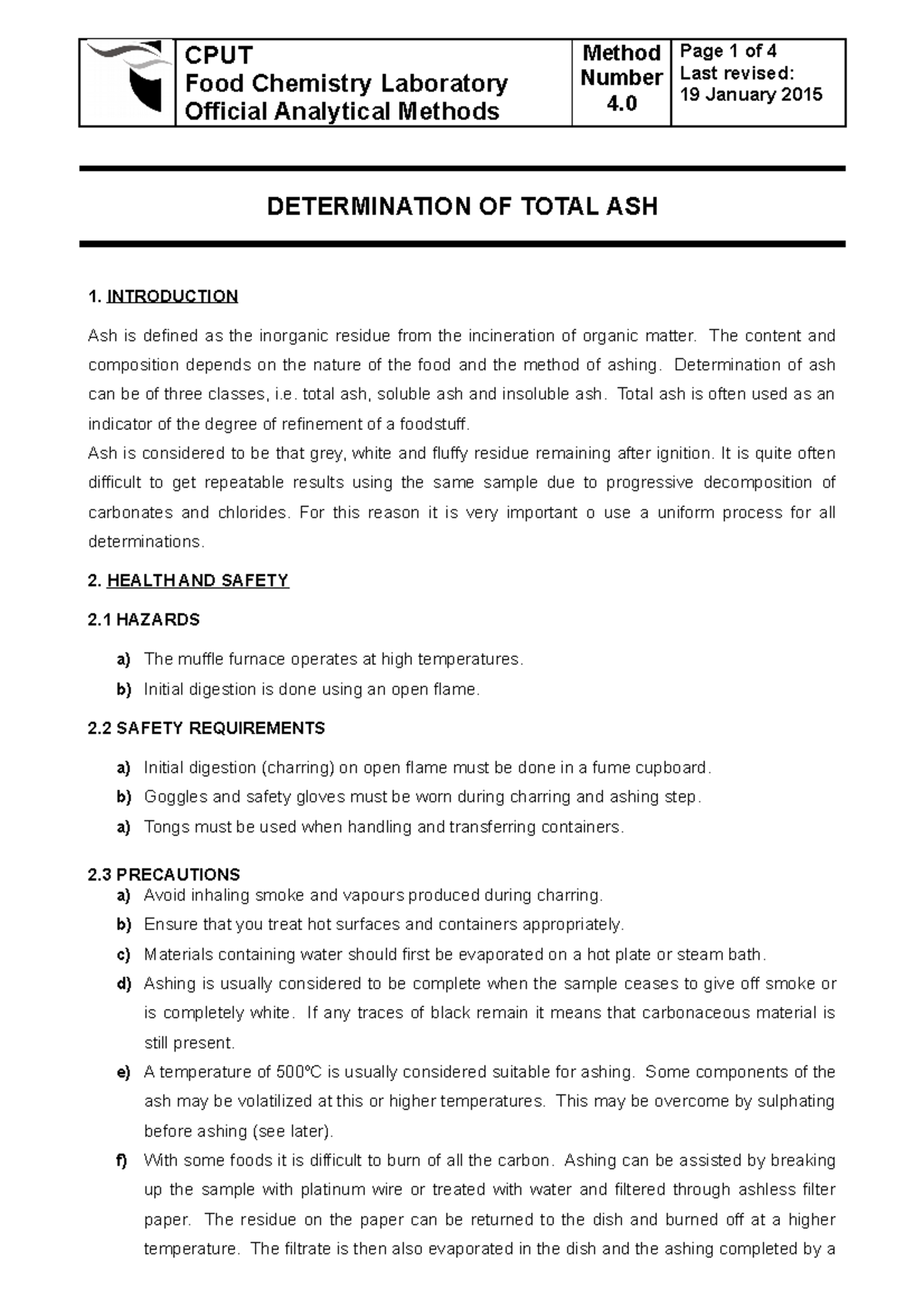 7 04.0Determination of total ash (official method 4 - CPUT Food ...