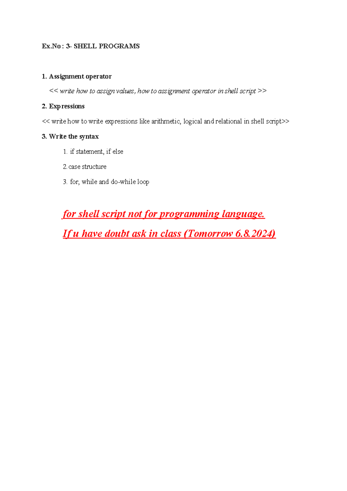 Ex-3 - It will be helpful - Operating Systems - Ex : 3- SHELL PROGRAMS ...