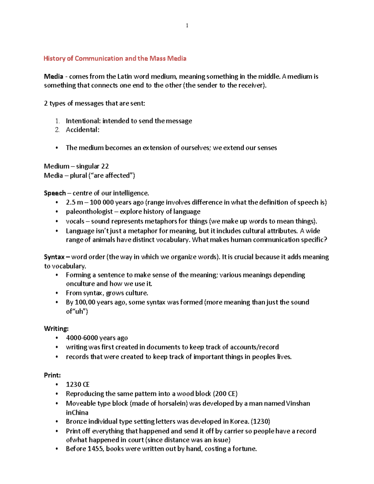 History of Communication and Mass media - 1 History of Communication ...