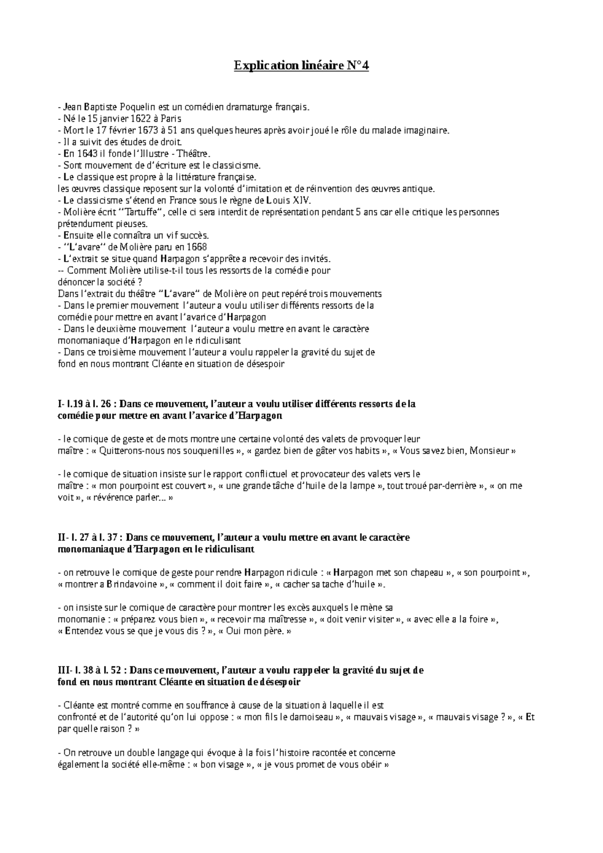 Explication linéaire N°4 - Explication linéaire N° - Jean Baptiste Poquelin est un comédien ...