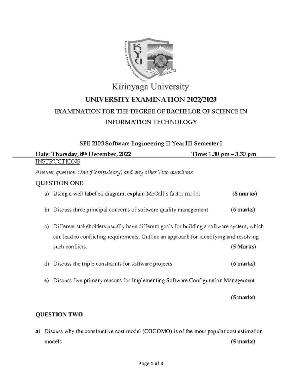 SPE 2103 Software Engineering II Year III Semester I - QUESTION ONE a ...
