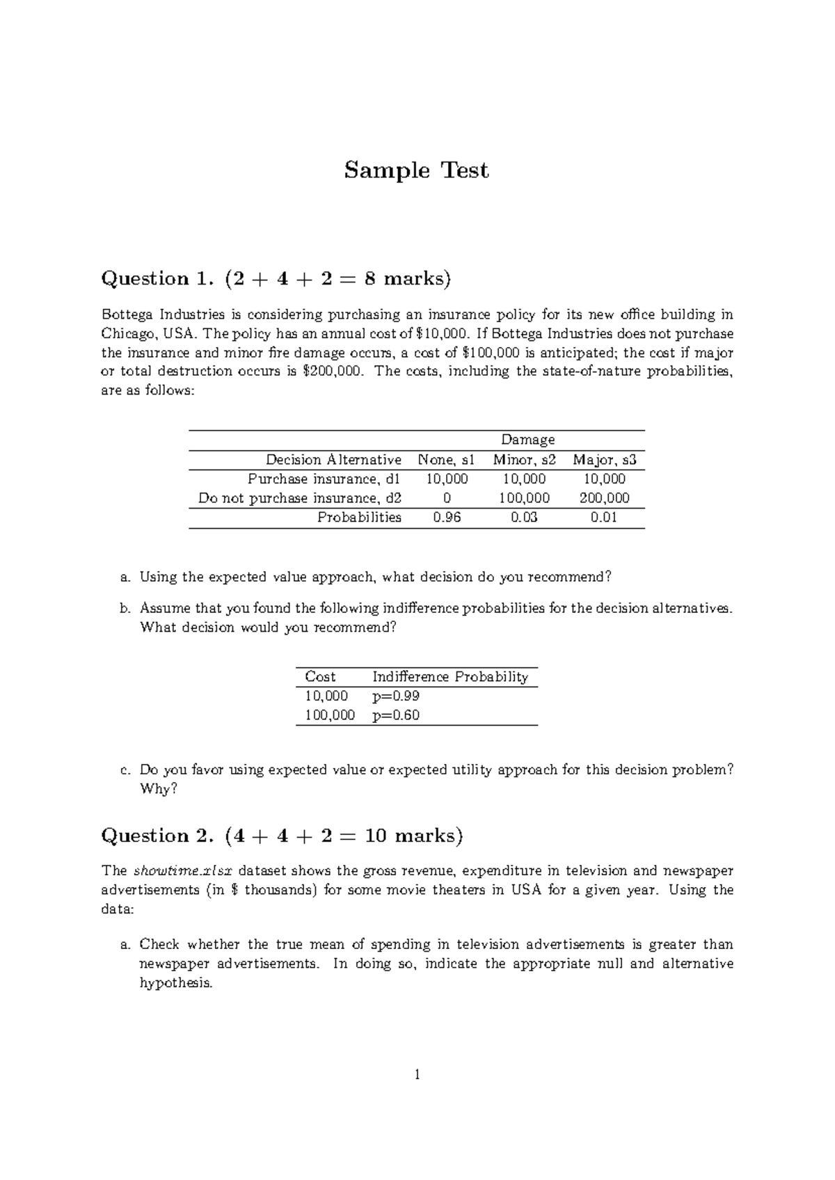 Test two sample - Sample Test Question 1. (2 + 4 + 2 = 8 marks) Bottega ...