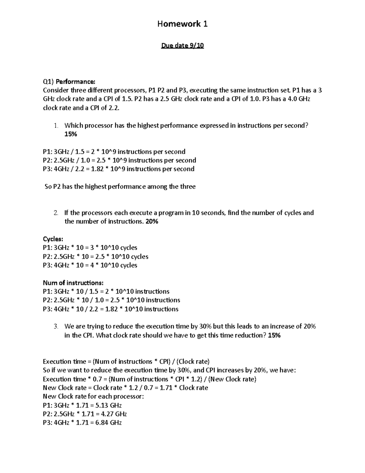 Hw 5 Answers Computer Architecture Homework 1 Due Date 9 Q1 Performance Consider Three