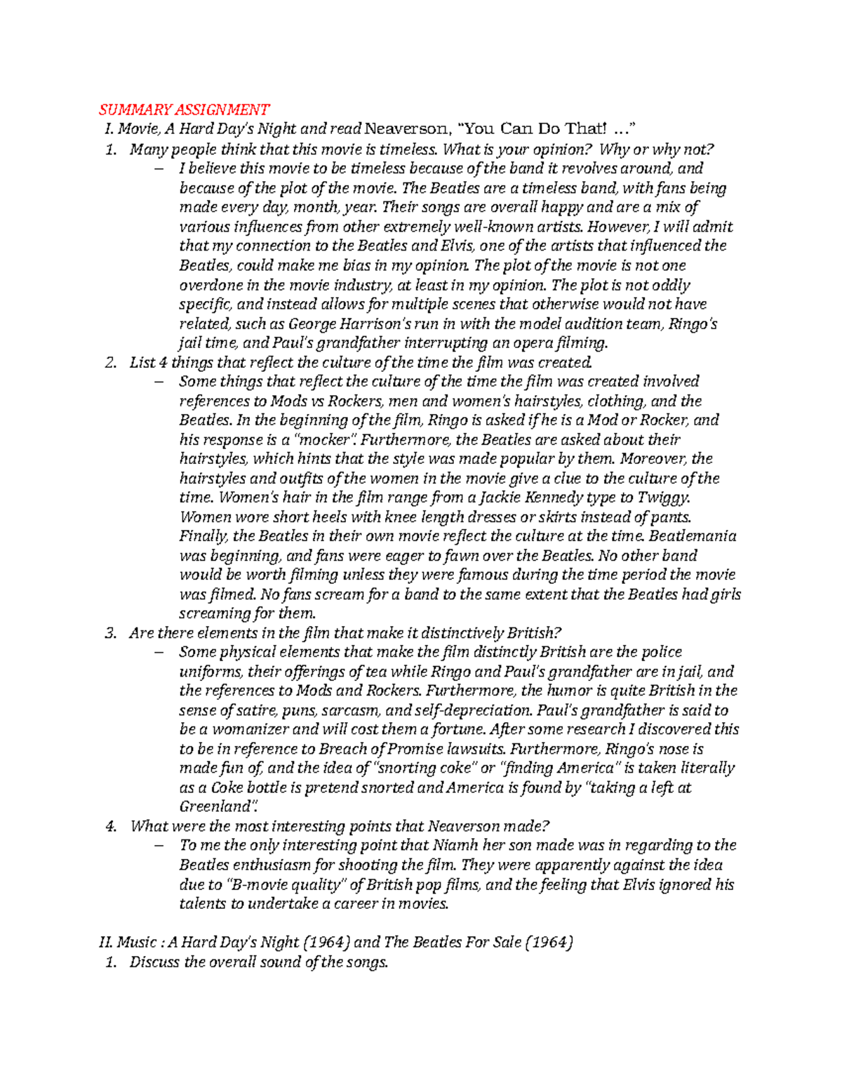 Summary Homework 2 - SUMMARY ASSIGNMENT I. Movie, A Hard Day’s Night ...