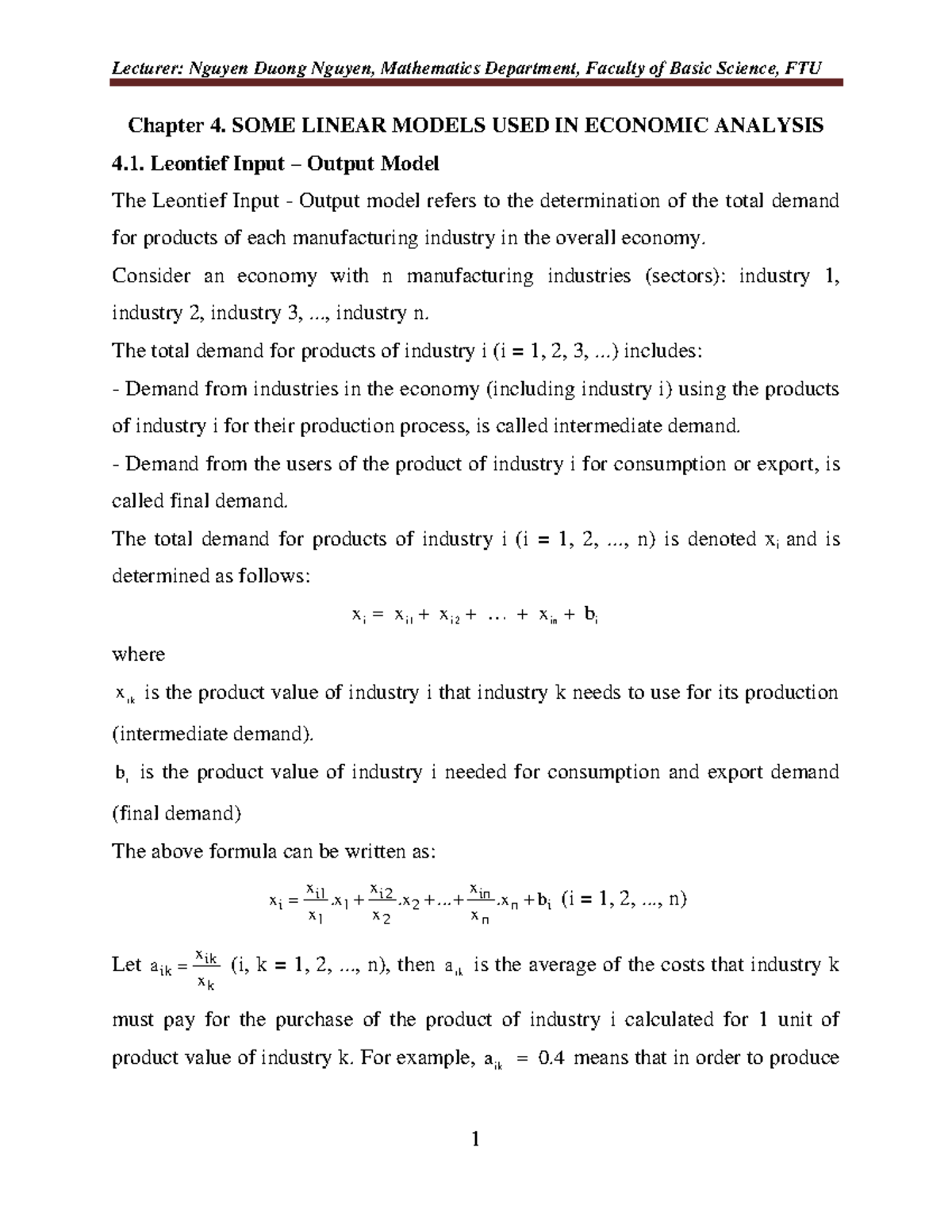Chapter 4 TCC - NO DES - Chapter 4. SOME LINEAR MODELS USED IN ECONOMIC ANALYSIS 4. Leontief ...