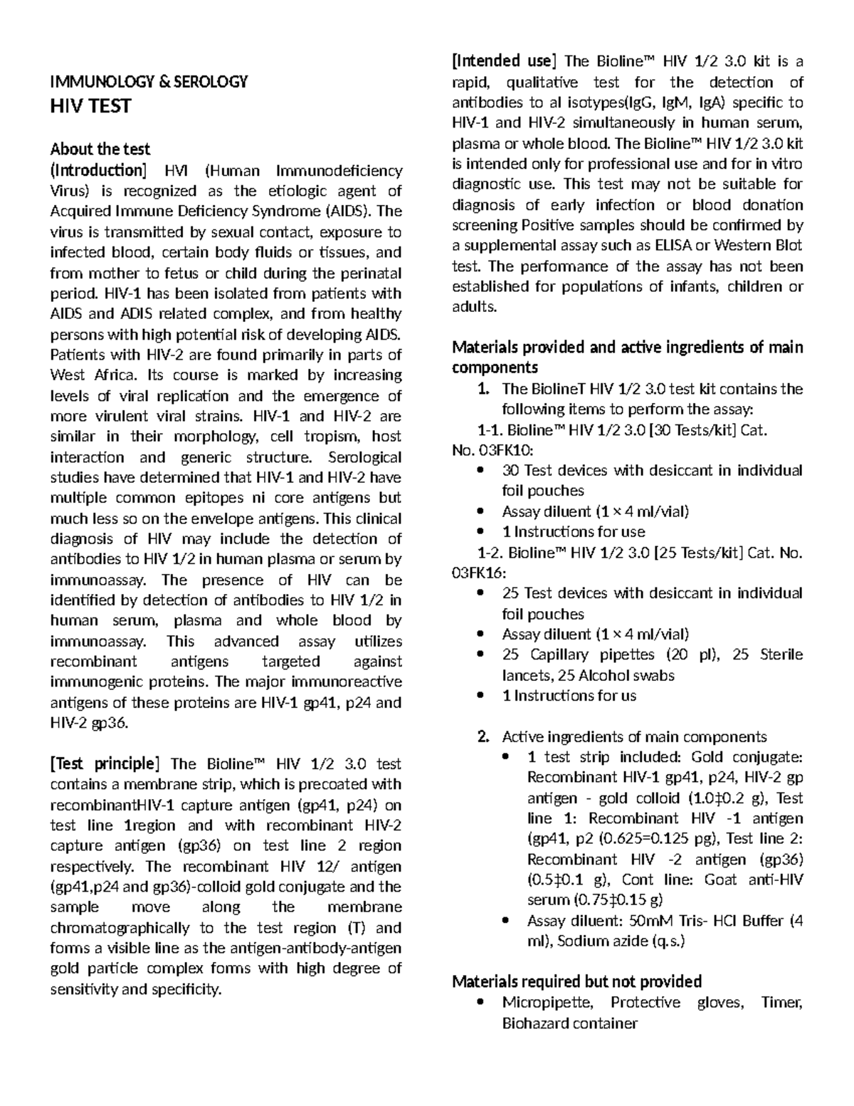 IS- Inserts - IMMUNOLOGY & SEROLOGY HIV TEST About the test ...