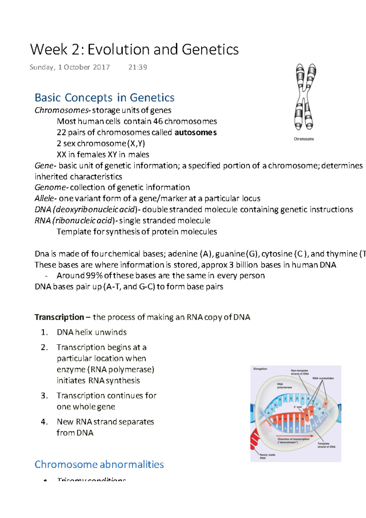 Week 2 Evolution and Genetics - Basic Concepts in Genetics Chromosomes ...