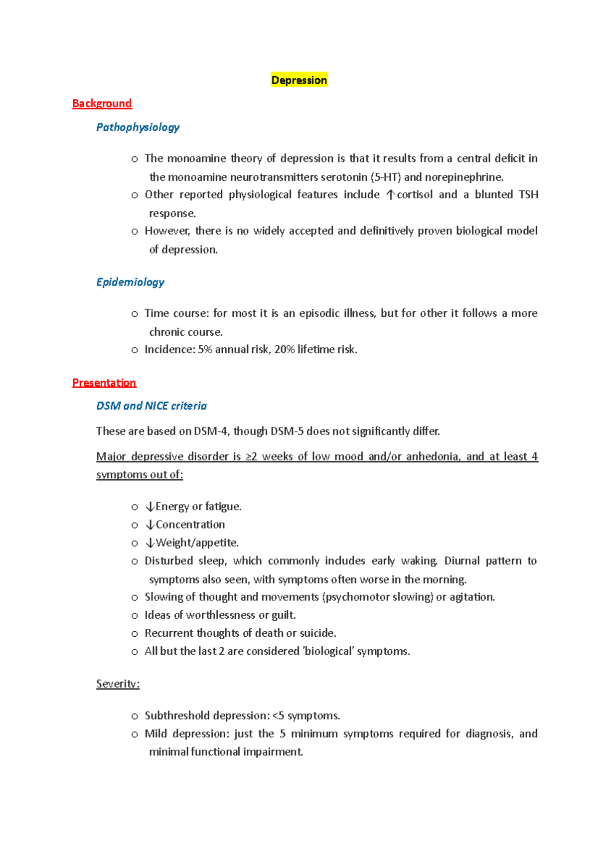 Depression - Lecture notes 1 - Depression Background Pathophysiology o ...