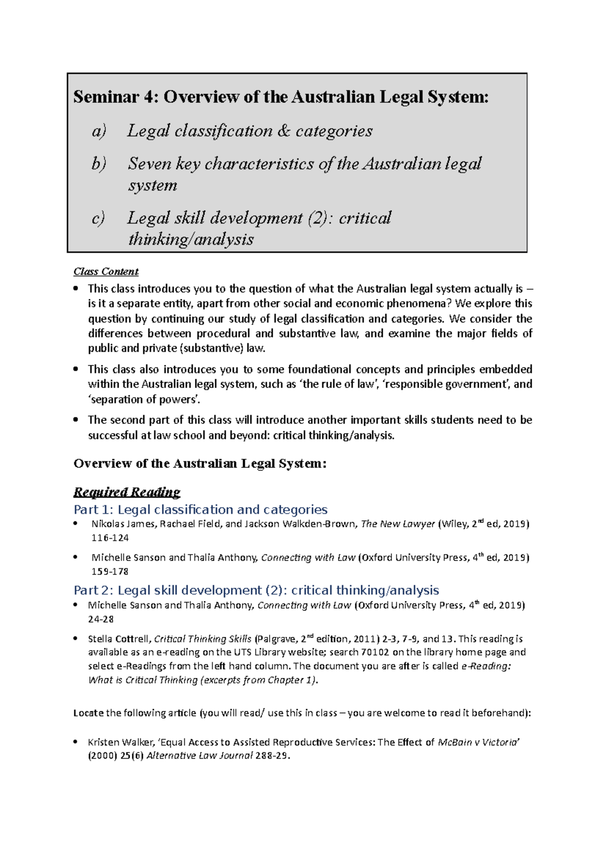 Seminar 4 - Seminar 4: Overview of the Australian Legal System: a ...