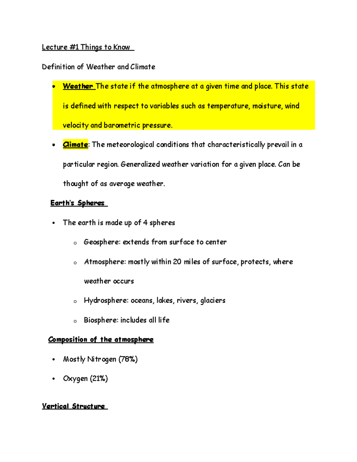 Study Guide - Lecture #1 Things to Know Definition of Weather and ...