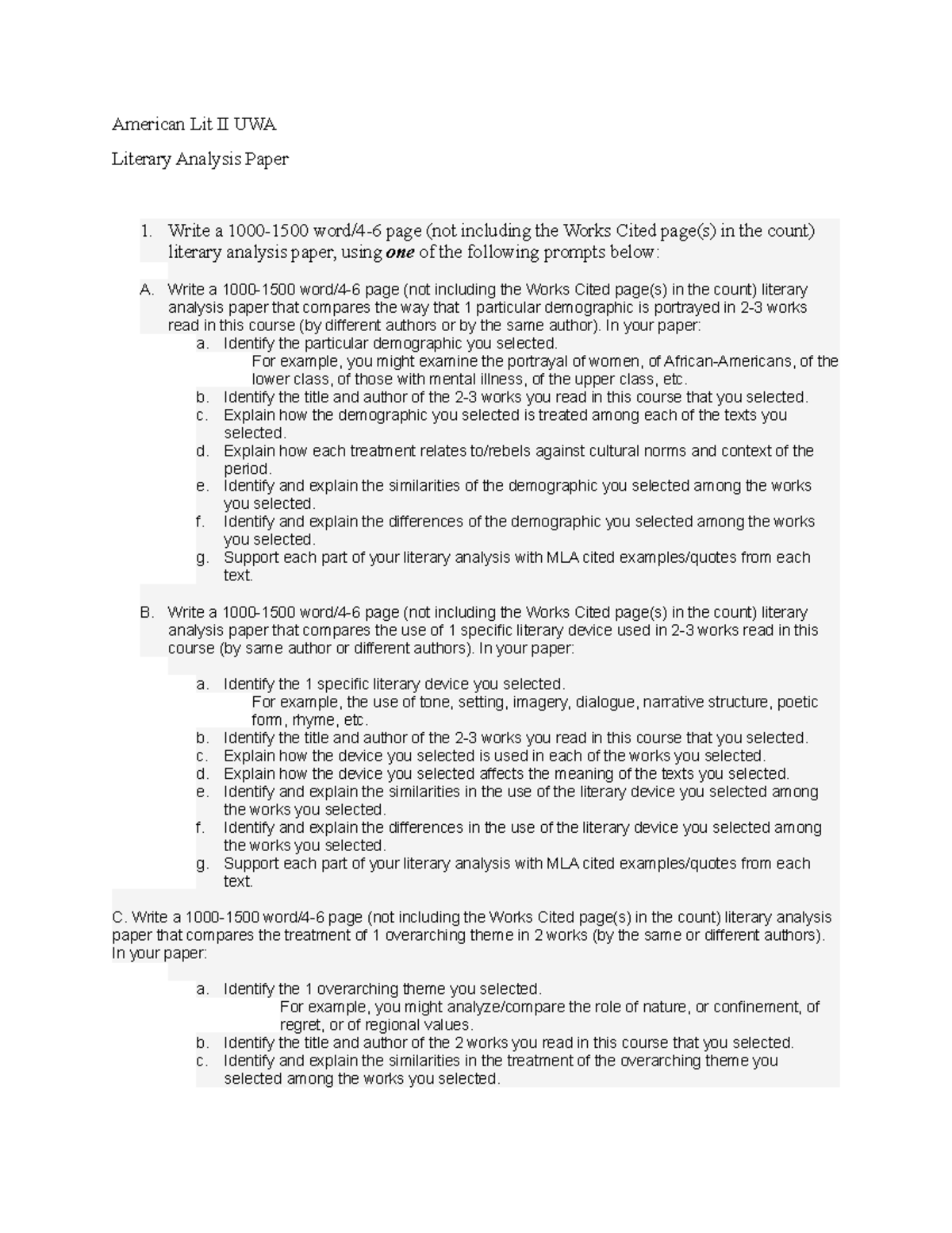 Literary analysis uwa am lit II - American Lit II UWA Literary Analysis ...