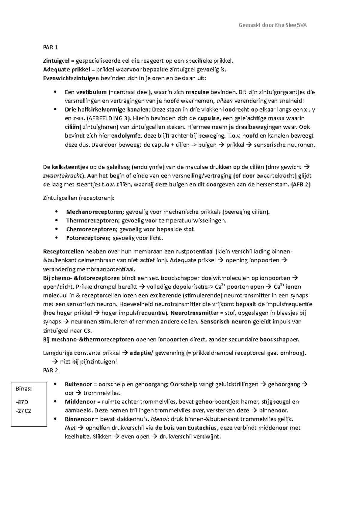 Biologie samenvatting hoofdstuk 14 waarneming - PAR 1 Zintuigcel ...