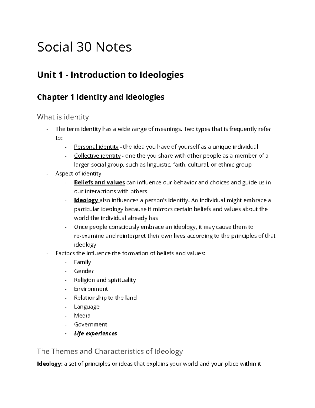 Social 30 Notes - Ideology - Social 30 Notes Unit 1 - Introduction to ...