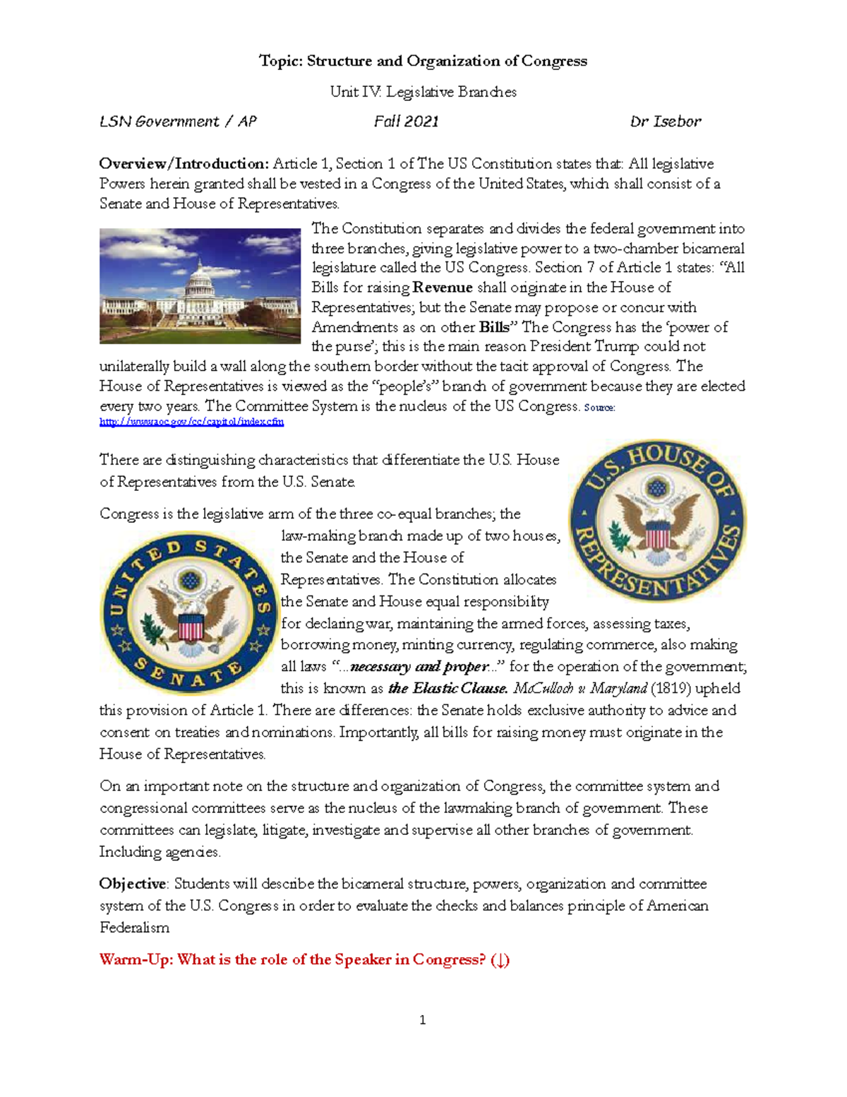 The Structure and Organization of Congress - Fall 2021 - Unit IV ...