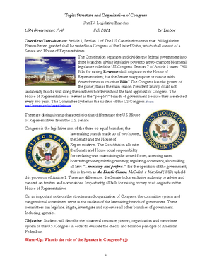 Chapter 6 Government Notes - Congressional Powers and Limits: Two types ...