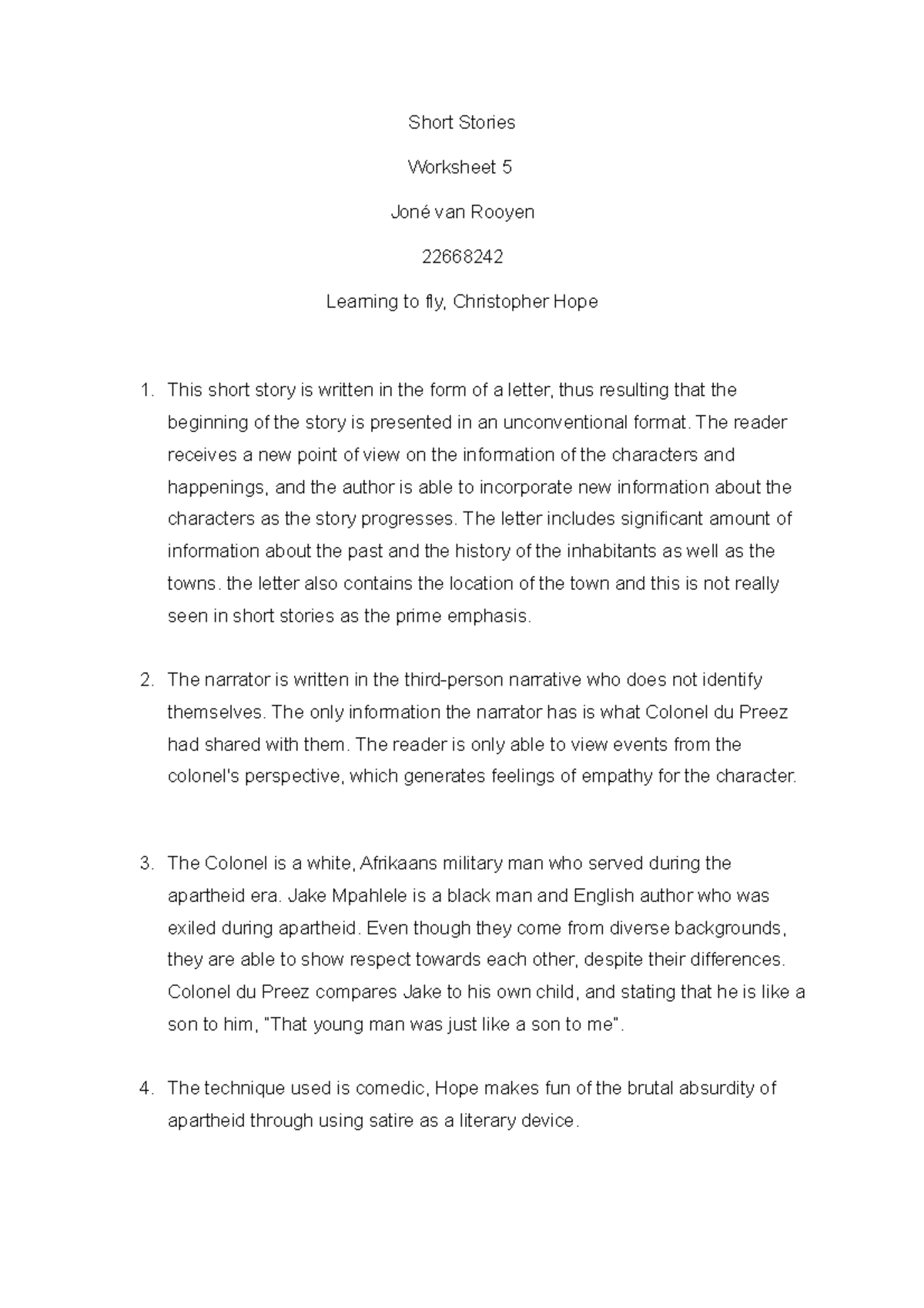 Short Stories Worksheet 5 Jone van Rooyen 22668242 - Short Stories ...