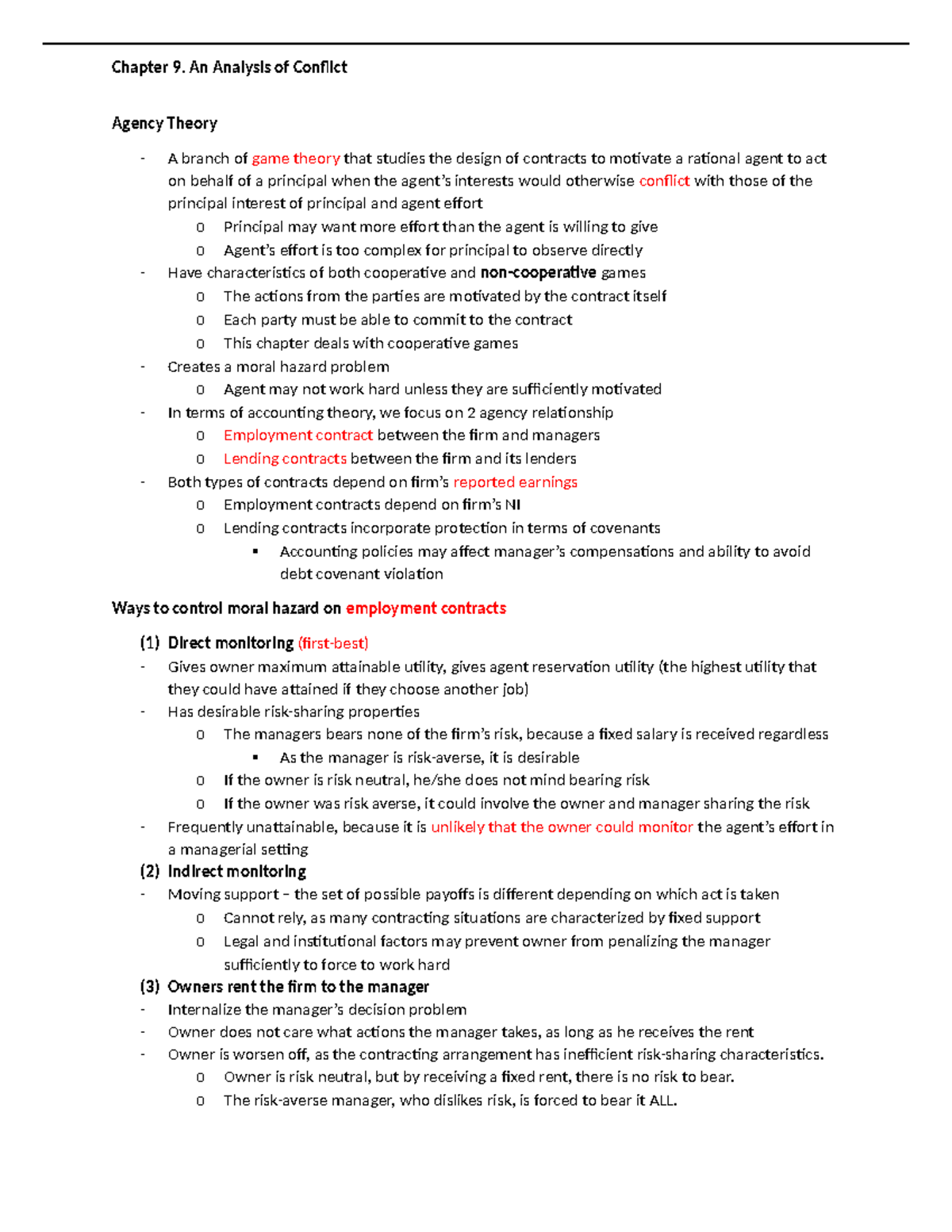 Chapter 9 Notes - Agency Theory A branch of game theory that studies ...
