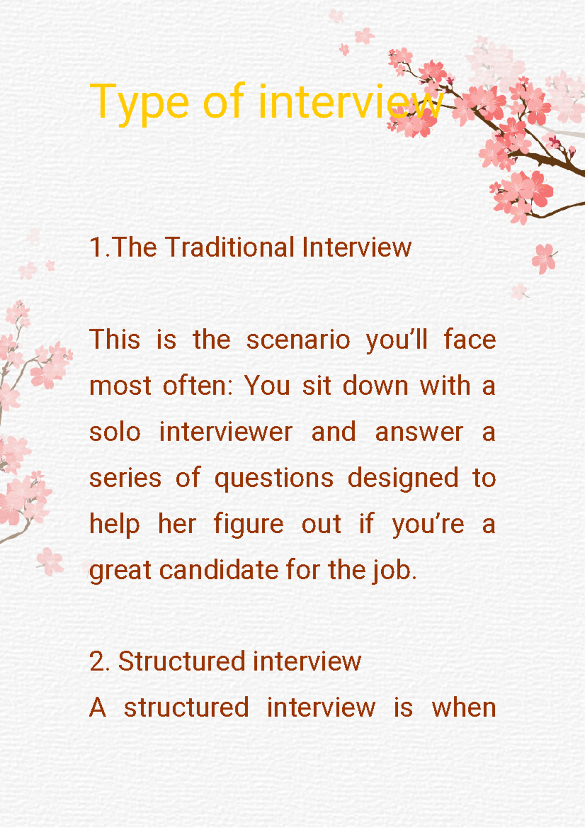 Interview types - Type of interview 1 Traditional Interview This is the ...