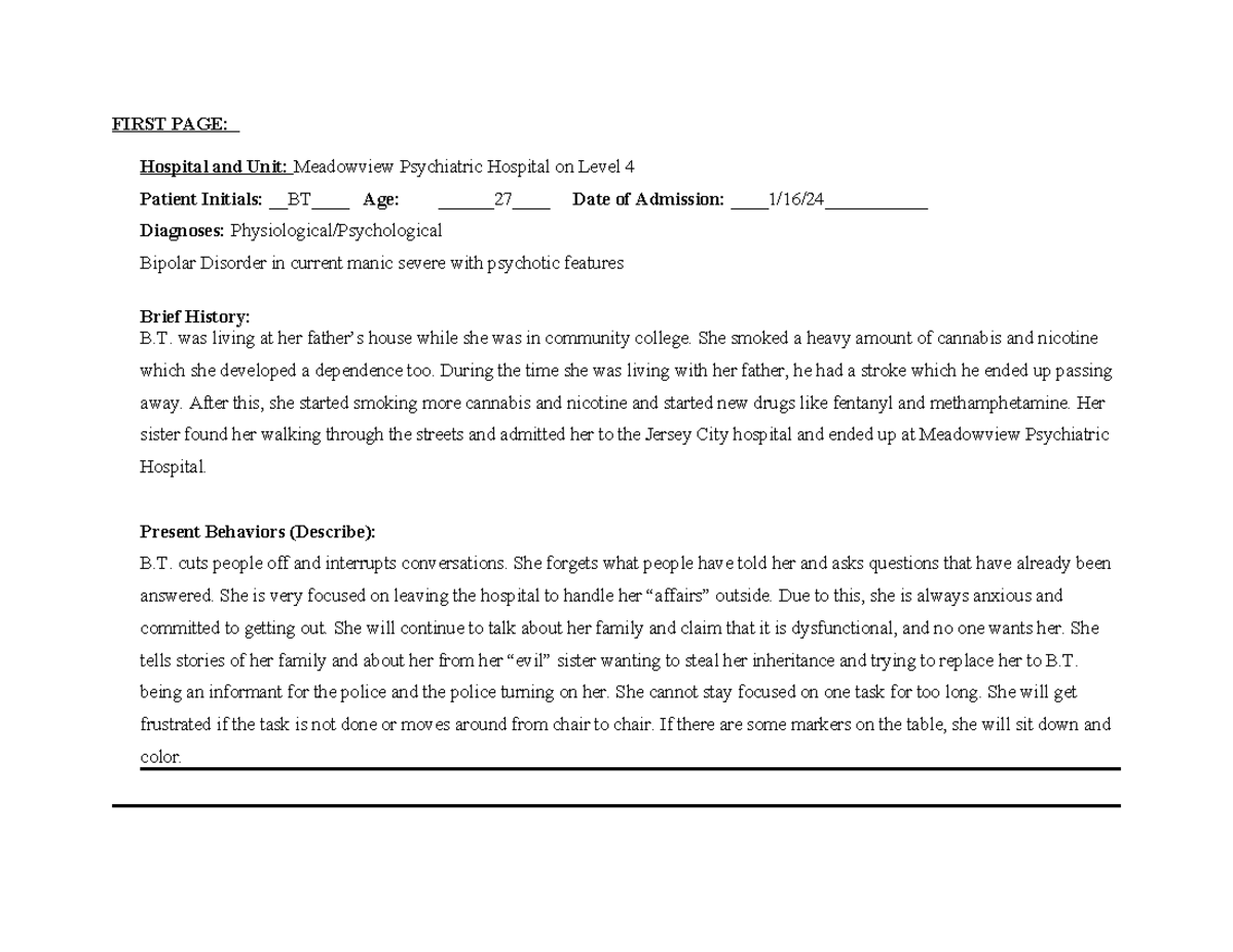 THE Process Recording - FIRST PAGE: Hospital and Unit: Meadowview ...