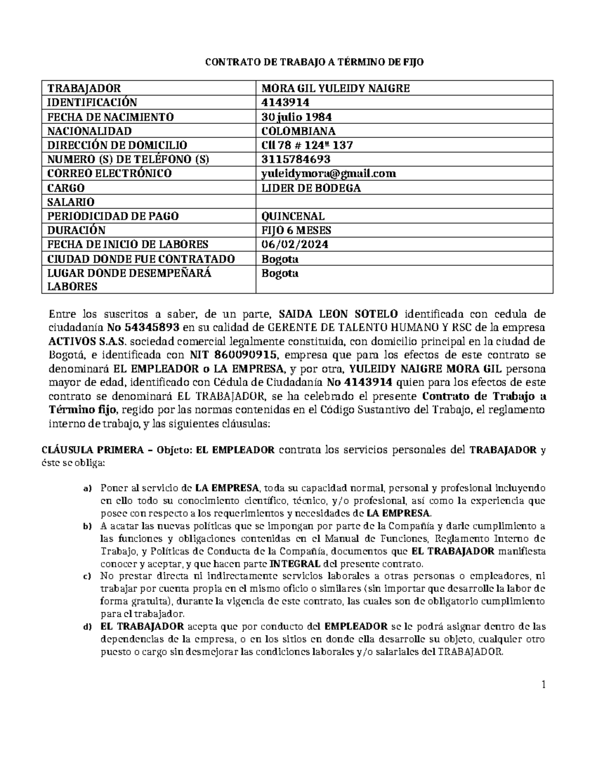 Contrato Editado Prueba - CONTRATO DE TRABAJO A TÉRMINO DE FIJO ...