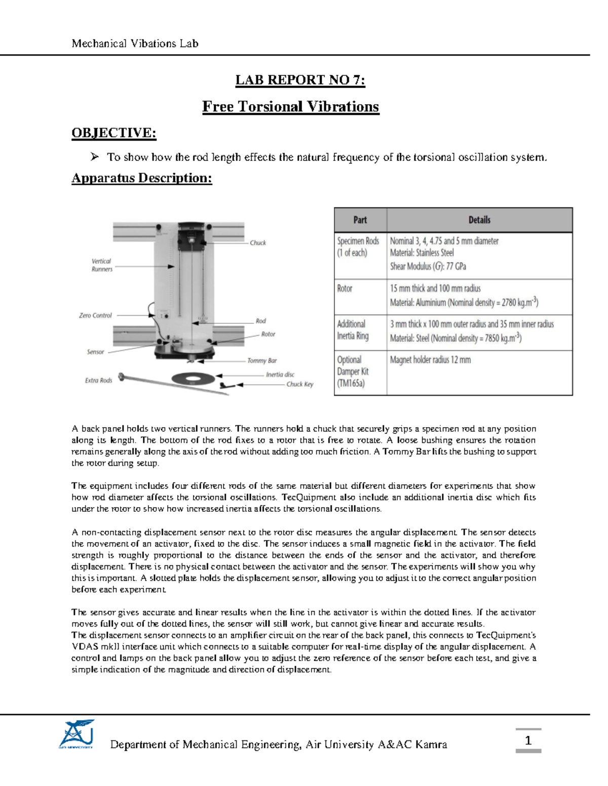 Lab Report 07 mv - LAB REPORT NO 7 : Free Torsional Vibrations OBJECTIVE: To show how the rod ...