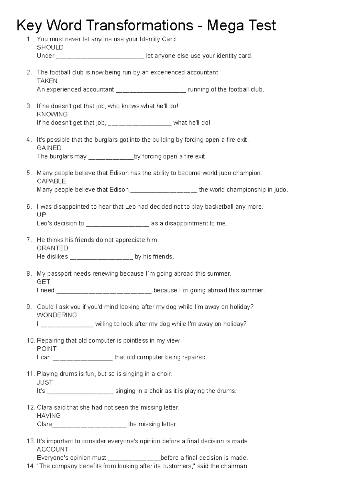 Key word transformations mega test - Key Word Transformations - Mega ...