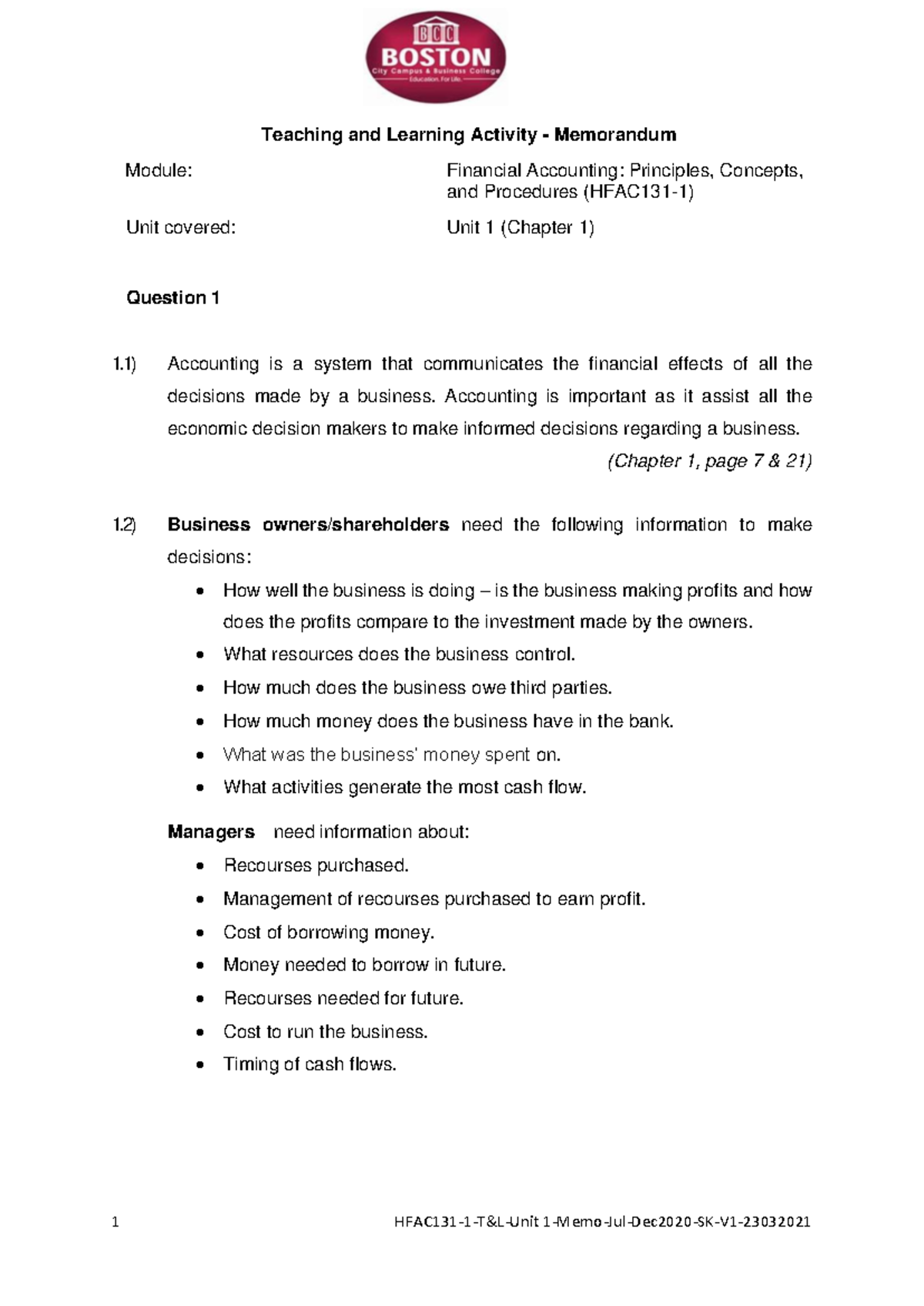 HFAC131-1-Week 1, Unit 1, Chapter 1 Solutions-1 - 1 HFAC131-1-T&L-Unit ...