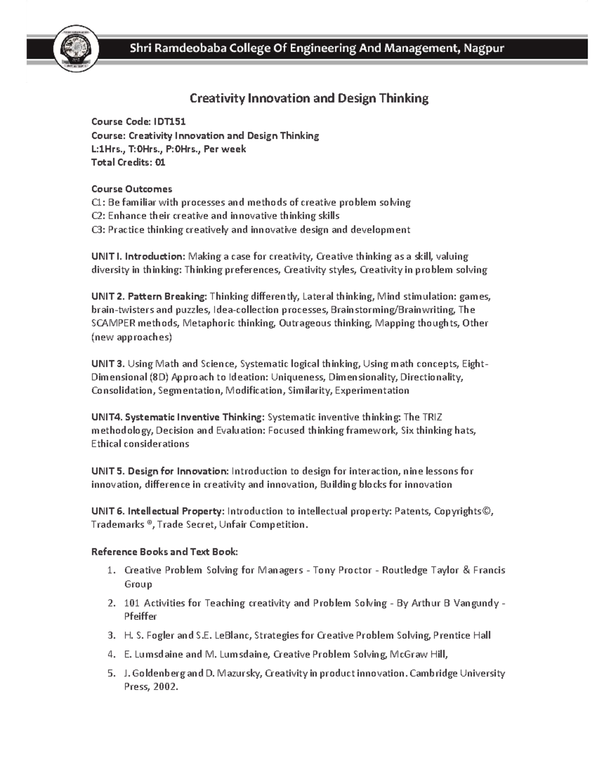 CIDT Syllabus - Creativity Innovation and Design Thinking Course Code ...
