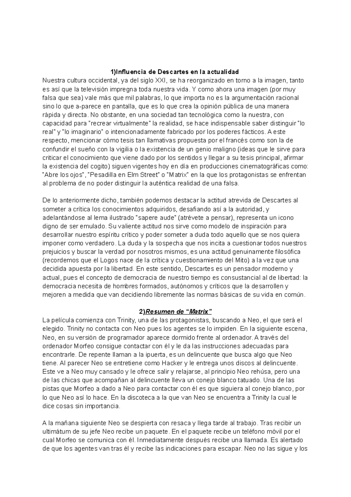 Descartes y Matrix trabajp bioquimica - 1)Influencia de Descartes en la ...