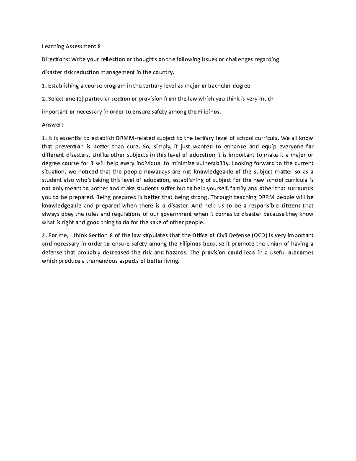 Learning Assessment 8 Nstp - Learning Assessment 8 Directions: Write ...