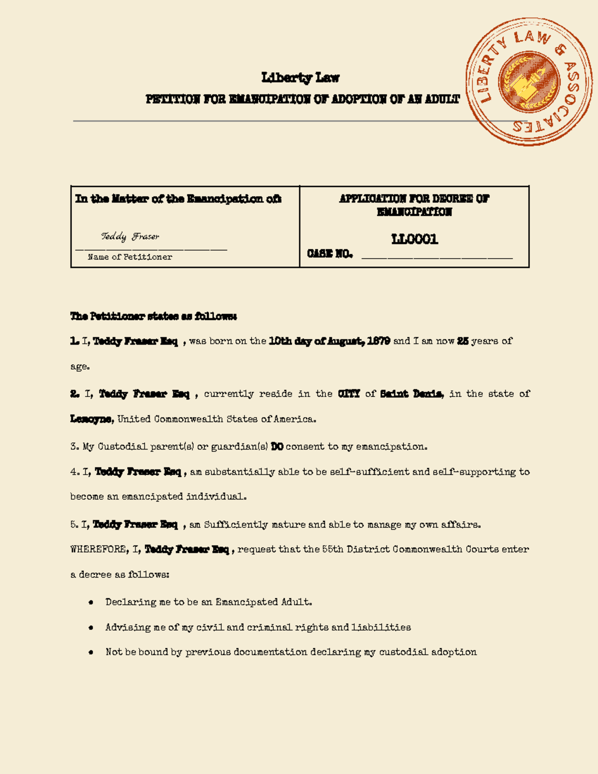 Teddy Fraser Adult Adoption Emancipation - Liberty Law PETITION FOR ...