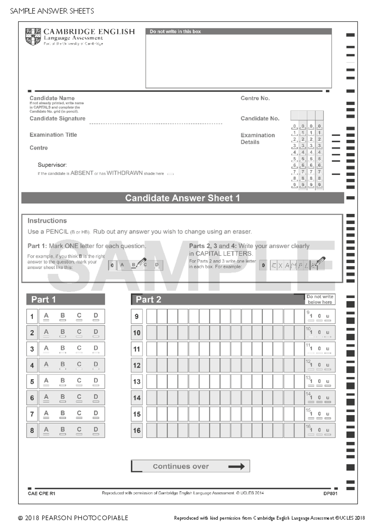 CAE answer sheets - Inglés - Advance 1 - SAMPLE SAMPLE SAMPLE SAMPLE ...
