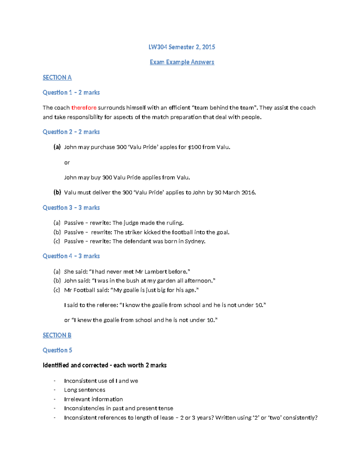 LW304 2015 Exam Feedback and sample answers - LW304 Semester 2, 2015 ...