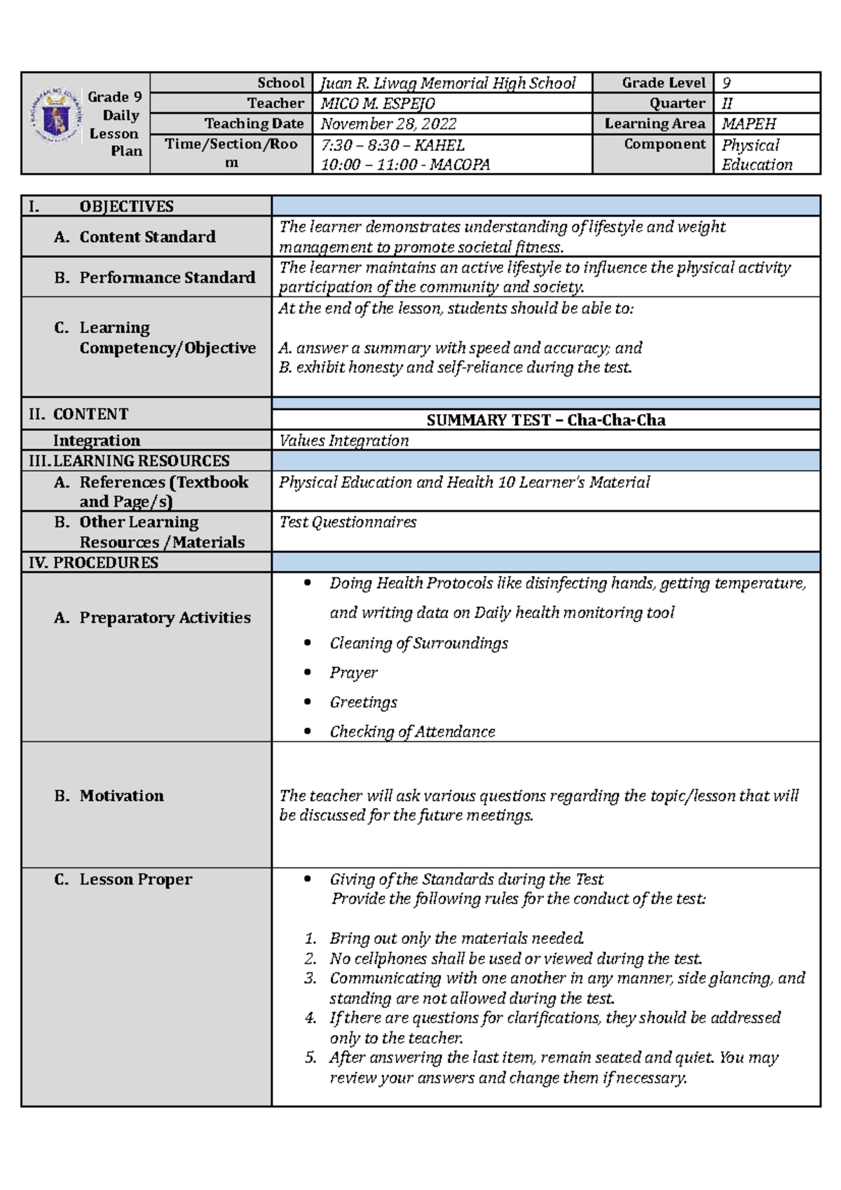 Summary Test PE 9 - Lesson plan - Grade 9 Daily Lesson Plan School Juan ...