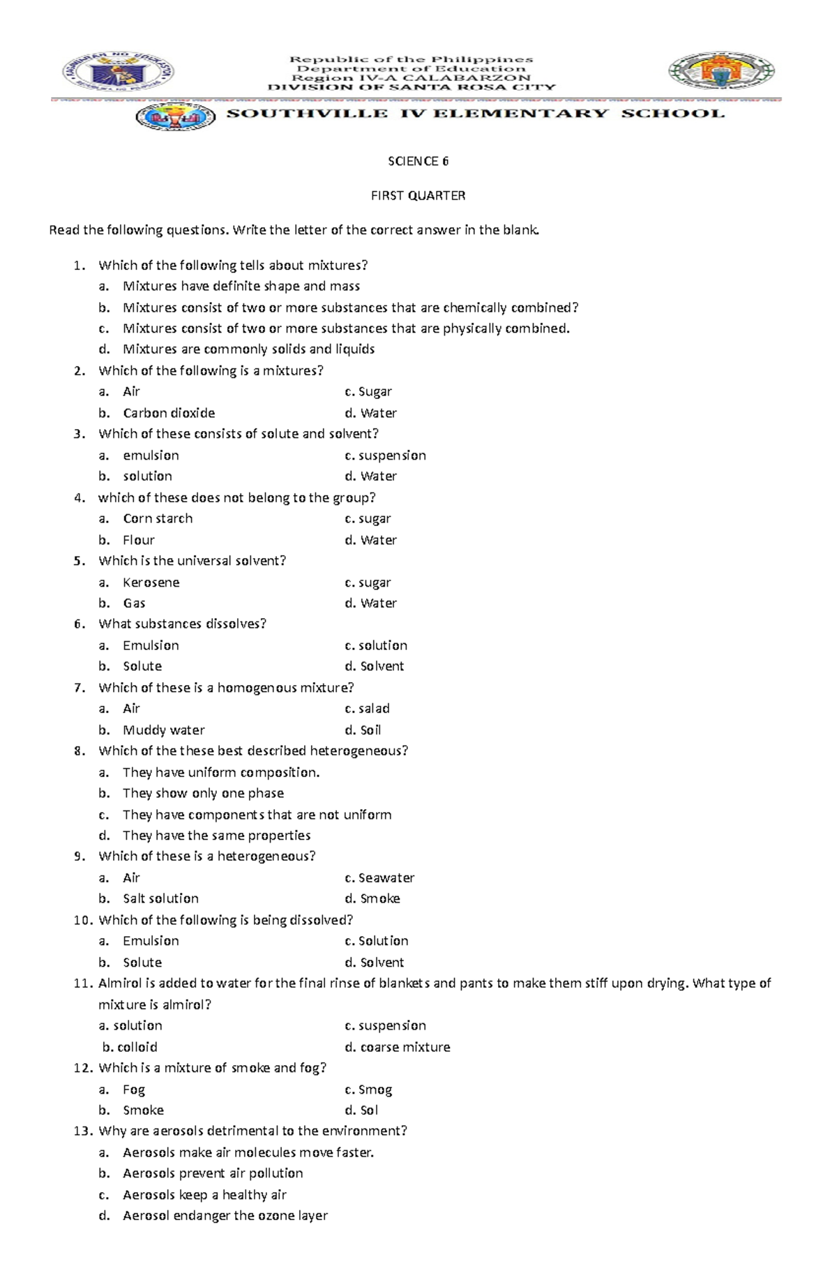 352076501 First Quarter Test - SCIENCE 6 FIRST QUARTER Read the ...