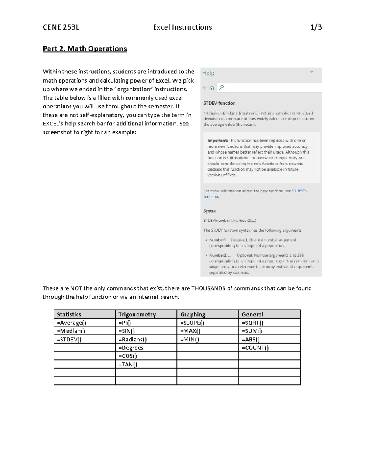 Excel Part 2 Math Operations - CENE 253L Excel Instructions 1/ Part 2 ...