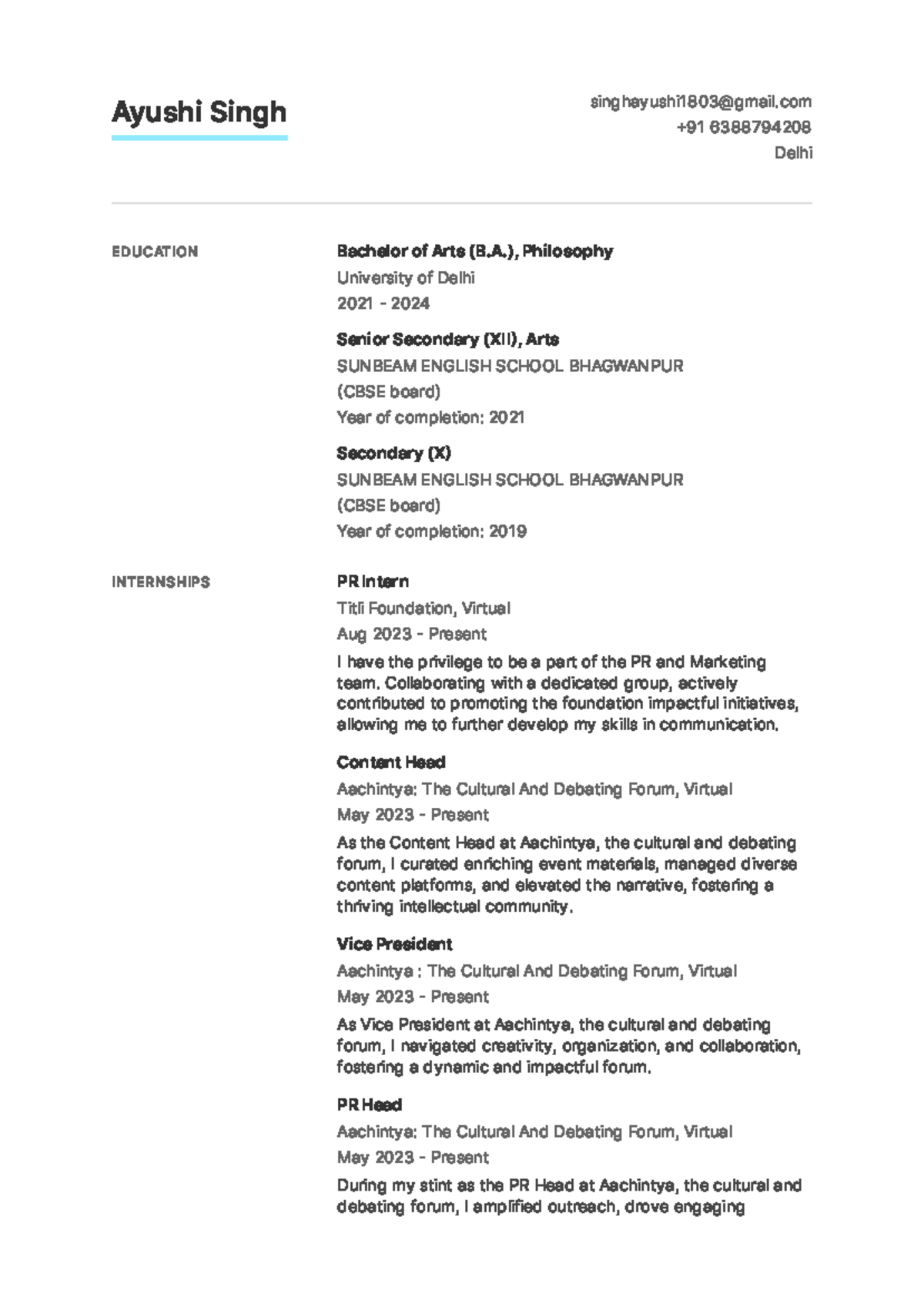 Ayushi Singh Internshala Resume - Ayushi Singh singhayushi1803@gmail 91 ...