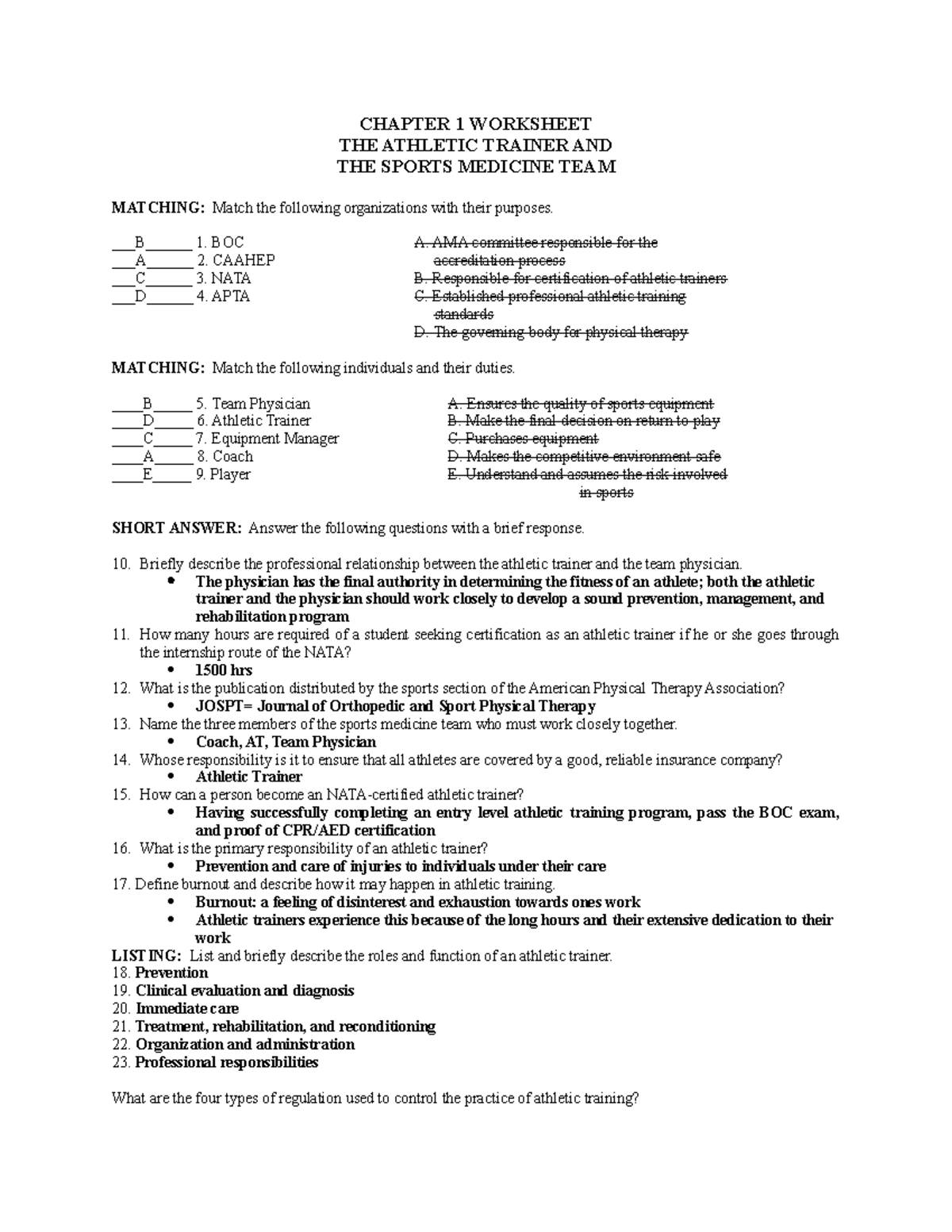 Domain V-Ch.1,2,11 - CHAPTER 1 WORKSHEET THE ATHLETIC TRAINER AND THE ...